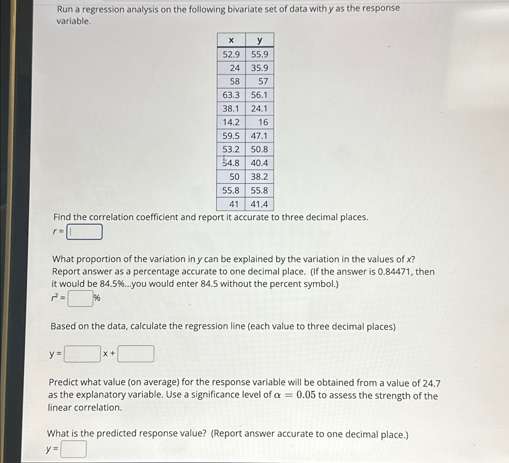 Solved Run a regression analysis on the following bivariate | Chegg.com
