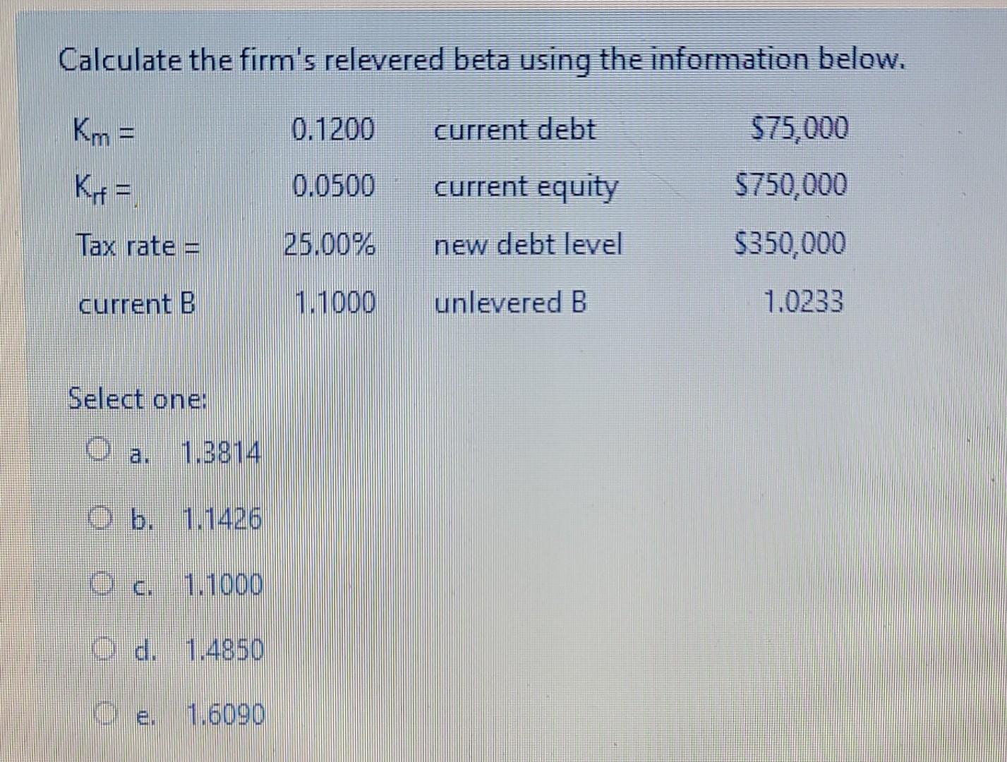 Solved Calculate the firm's relevered beta using the | Chegg.com