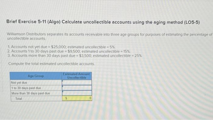 Solved Brief Exercise 5-11 (Algo) Calculate uncollectible | Chegg.com Solved Brief Exercise 5-11 (Algo) Calculate uncollectible | Chegg.com
