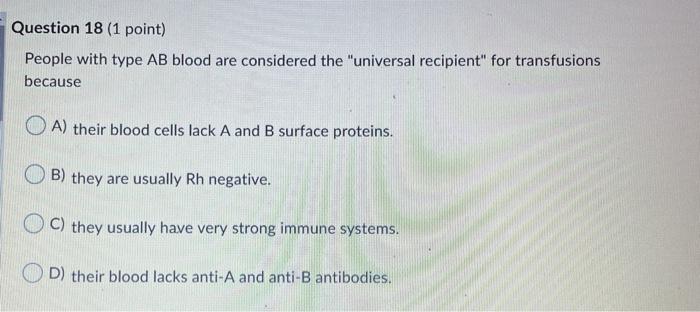 Solved Question 18 (1 point) People with type AB blood are | Chegg.com