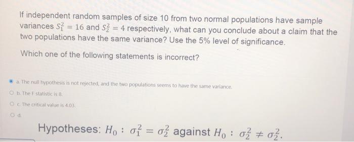 Solved Four independent random samples of size n=5 from | Chegg.com
