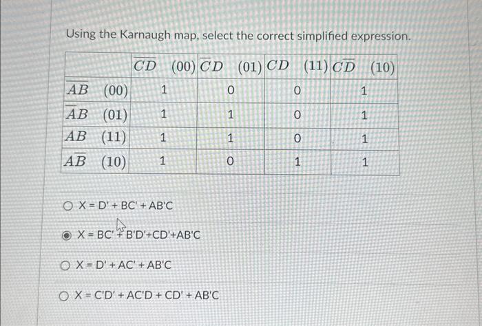 Solved Using the Karnaugh map, select the correct simplified | Chegg.com