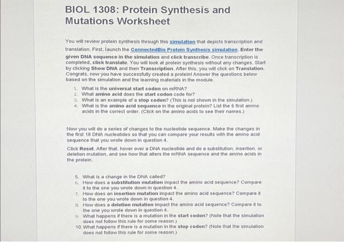 Solved BIOL 1308: Protein Synthesis and Mutations Worksheet | Chegg.com