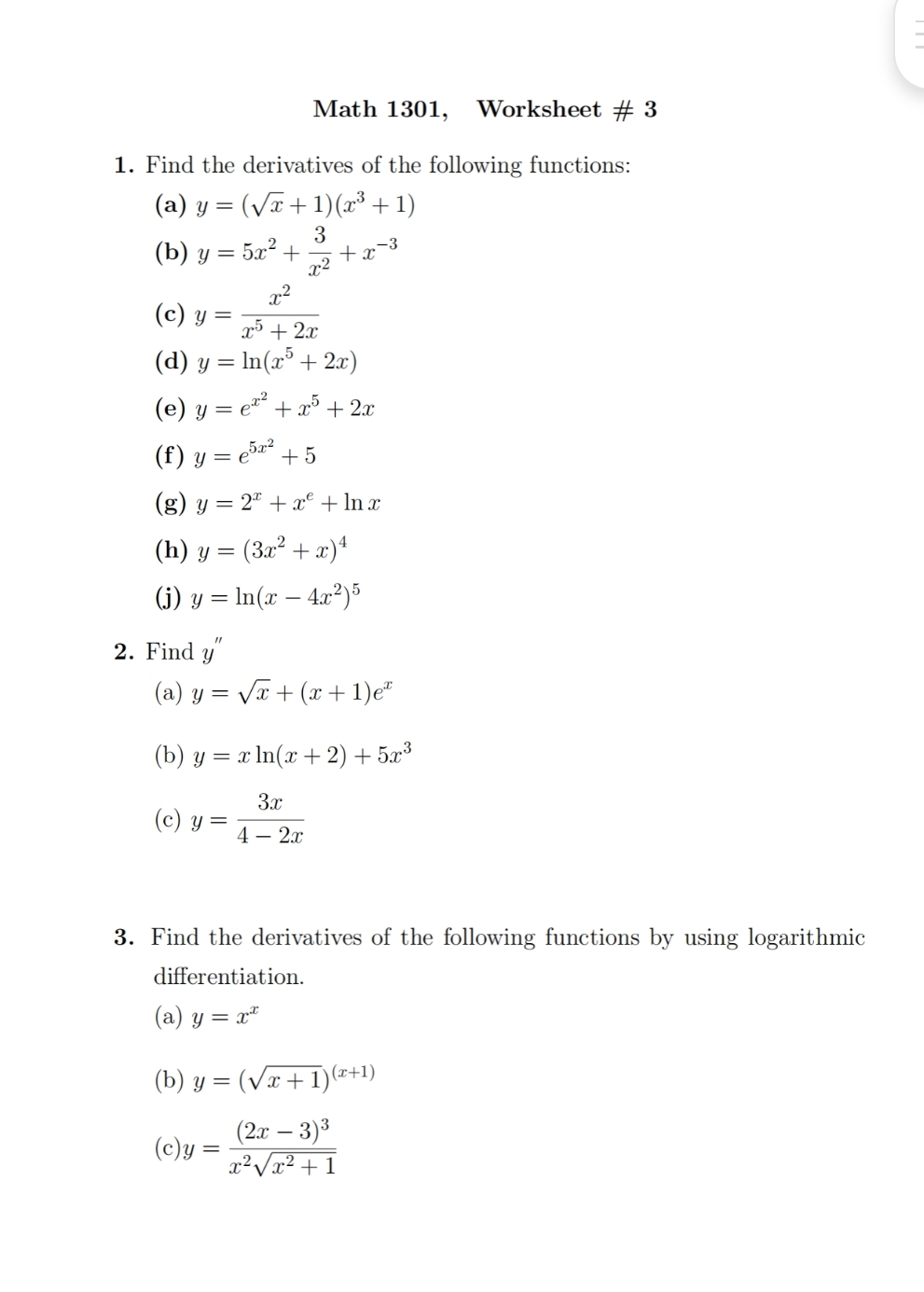 Solved Math 1301, ﻿Worksheet # 3Find the derivatives of the | Chegg.com