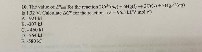 Solved -> 10. The value of Eºcell for the reaction 2Cr3+(aq) | Chegg.com