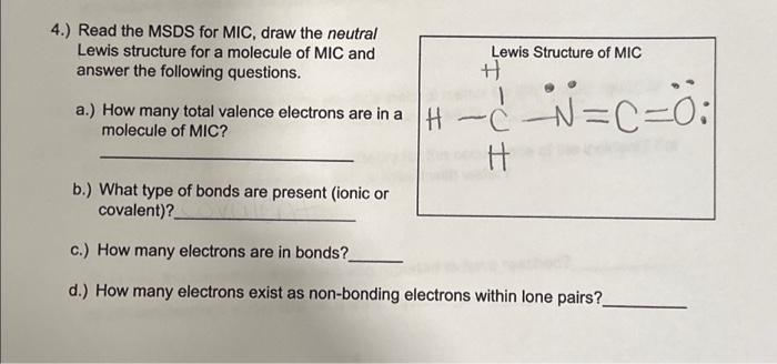Solved 4.) Read the MSDS for MIC, draw the neutral Lewis | Chegg.com