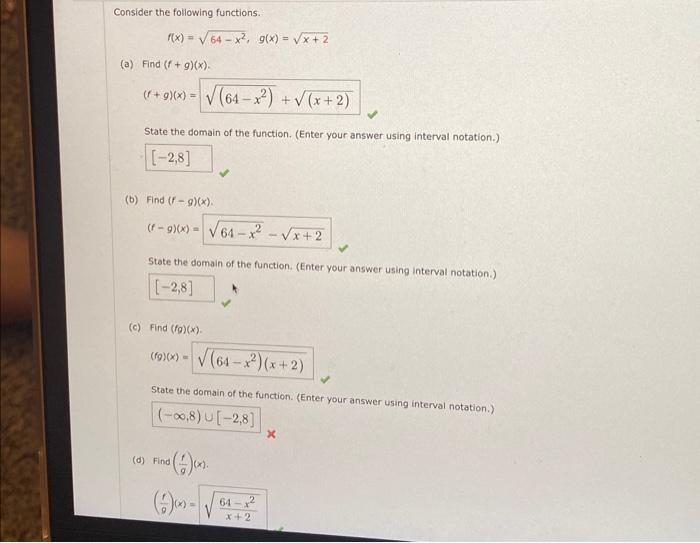 Solved Consider the following functions. f(x)=64−x2,g(x)=x+2 | Chegg.com