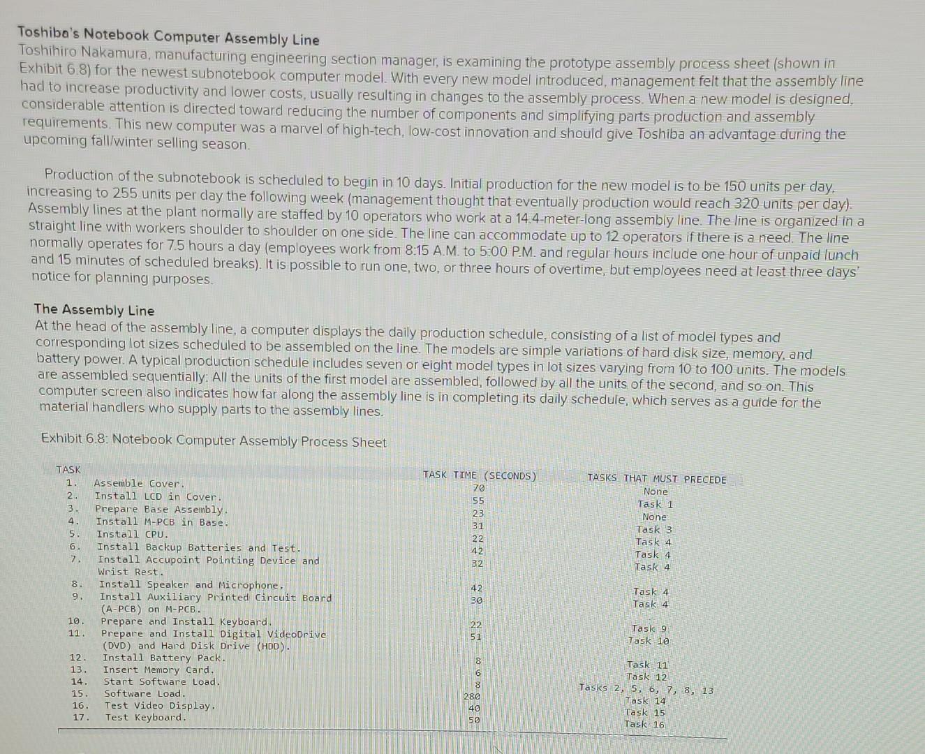 Solved Toshibo's Notebook Computer Assembly Line Toshihiro | Chegg.com