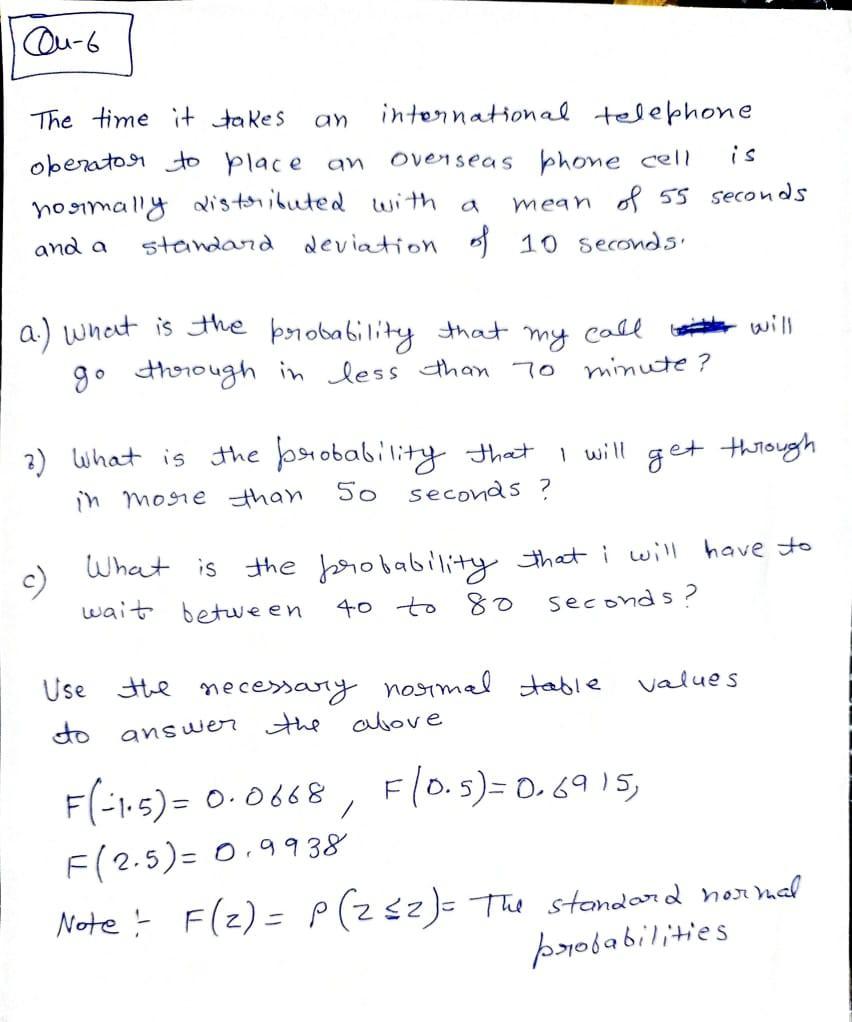 Solved Qu-6 The time it takes an international telephone | Chegg.com