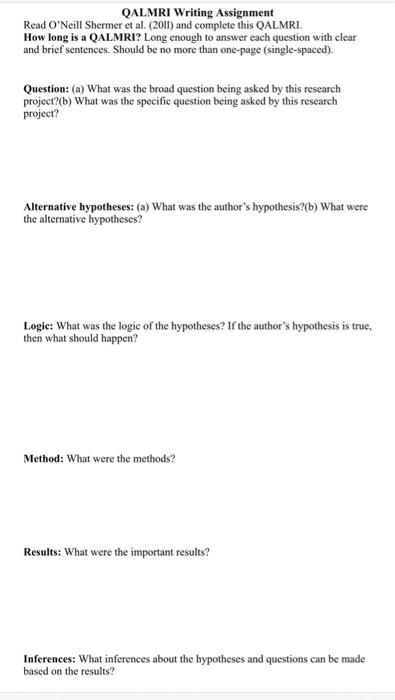 Solved QALMRI Writing Assignment Read O'Neill Shermer et al. | Chegg.com