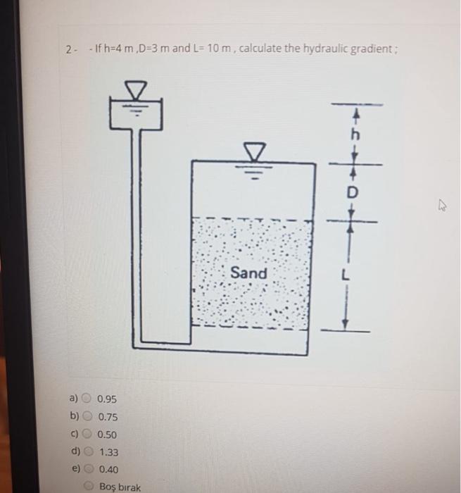 Solved 2- - If h=4 m,D=3 m and L= 10 m, calculate the | Chegg.com