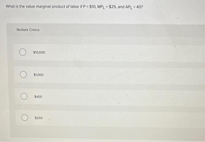 Solved What is the value marginal product of labor if | Chegg.com