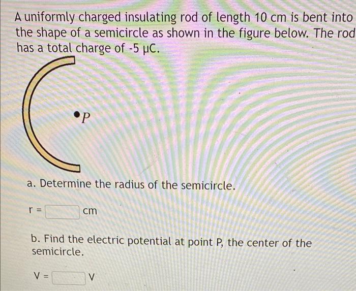 Solved A uniformly charged insulating rod of length 10 cm is | Chegg.com