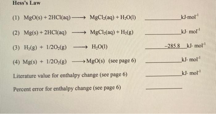 Solved Hess's Law (1) MgO(s) + 2HCl(aq) -MgCl2(aq) + H2O(1) | Chegg.com