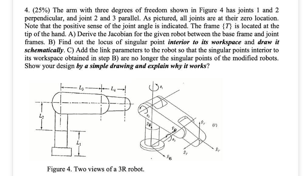 Solved 4. (25%) The arm with three degrees of freedom shown | Chegg.com