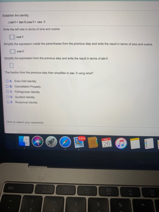 Solved Establish the identity (cot + tan 0) cos 0 = csc | Chegg.com