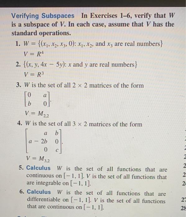 Solved Verifying Subspaces In Exercises 1-6, verify that W | Chegg.com