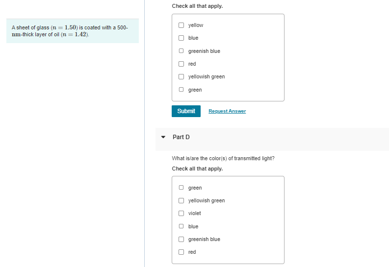 Solved Check all that apply.A sheet of glass ( n=1.50 ) ﻿is | Chegg.com