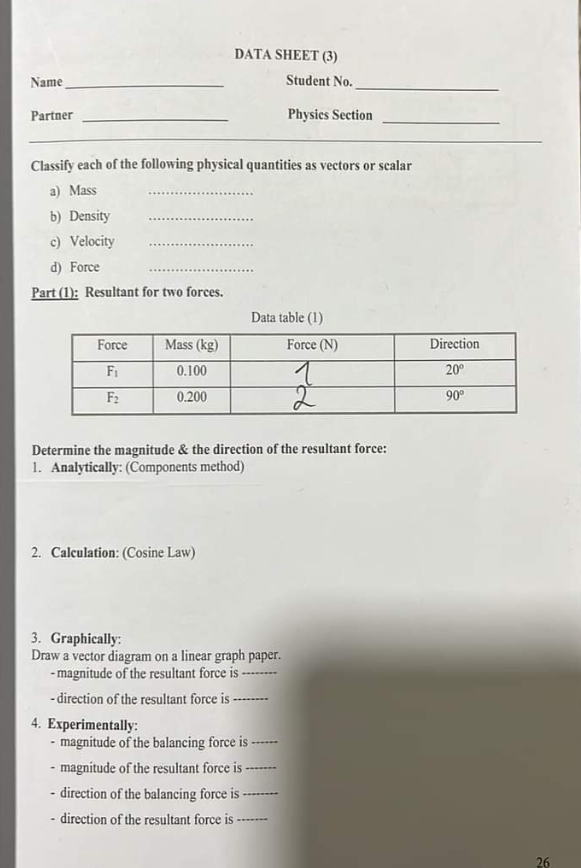 Solved DATA SHEET (3) Name Student No. Partner Physies | Chegg.com