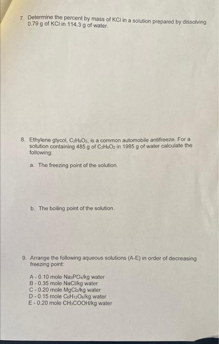 Solved 7. Determine the percent by mass of KCl in a solution | Chegg.com
