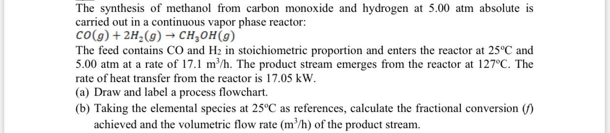 Solved The synthesis of methanol from carbon monoxide and | Chegg.com