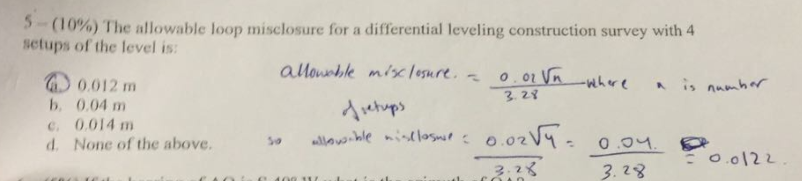 Solved 5- (10%) ﻿The allowable loop misclosure for a | Chegg.com