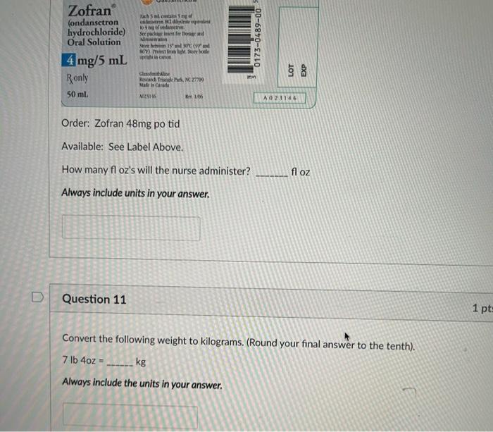 Solved Zofran (ondansetron hydrochloride) Oral Solution 4 | Chegg.com