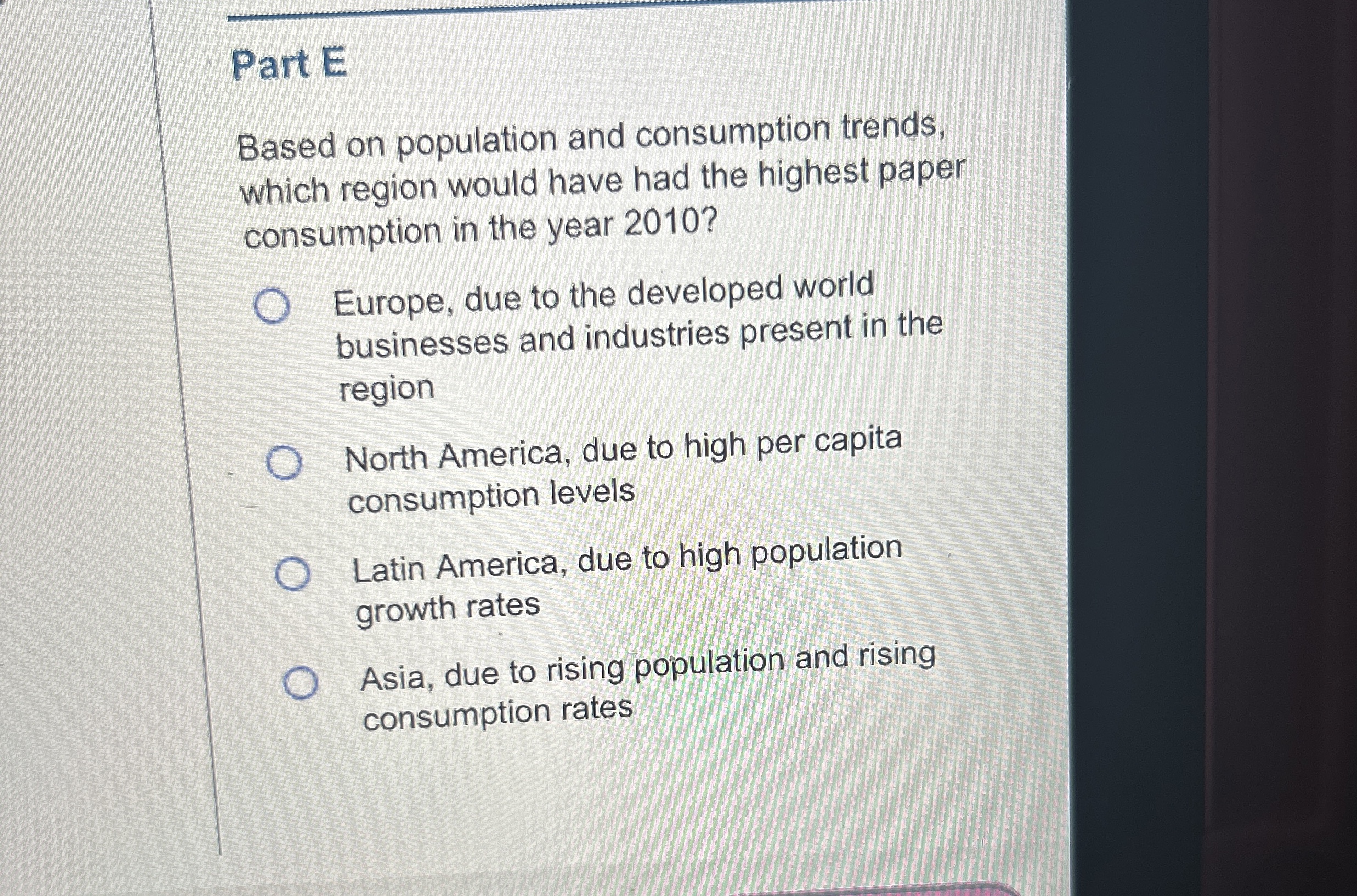 Solved Part EBased on population and consumption trends, | Chegg.com