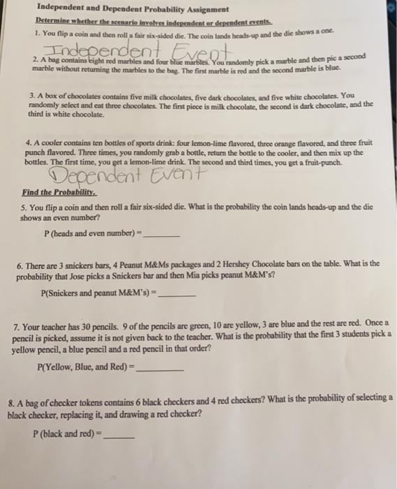 Solved Independent and Dependent Probability Assignment | Chegg.com