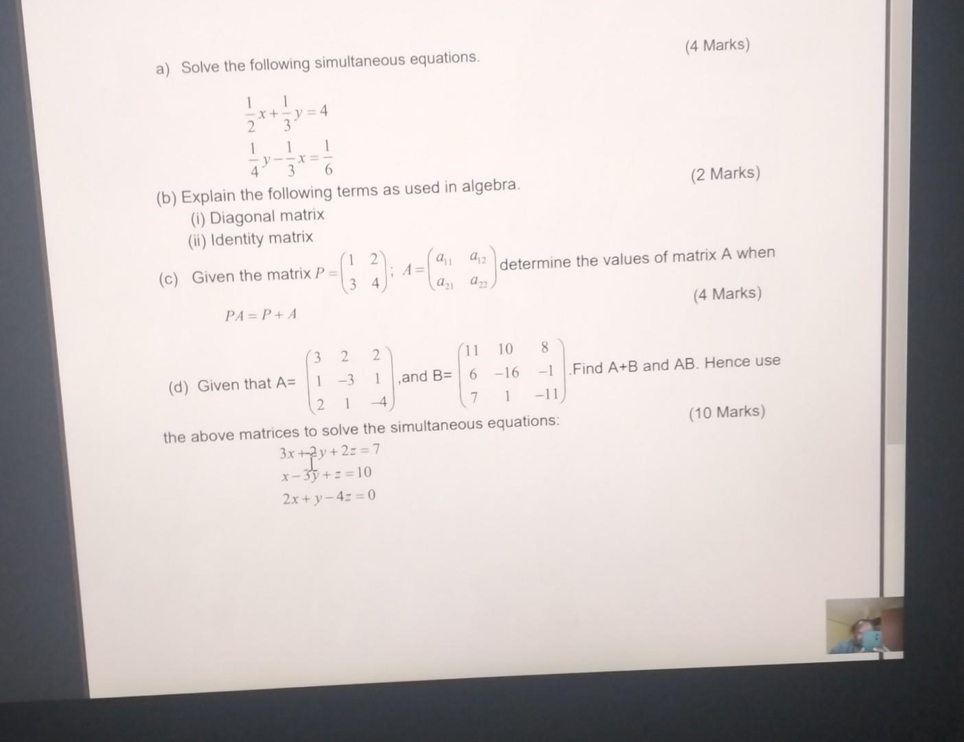 Solved a) Solve the following simultaneous equations. (4 | Chegg.com