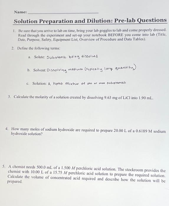 Solved Name: Solution Preparation and Dilution: Pre-lab | Chegg.com