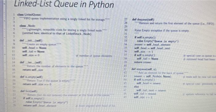 Solved Linked-List Queue in Python 1 class LinkedQuece: ".* | Chegg.com