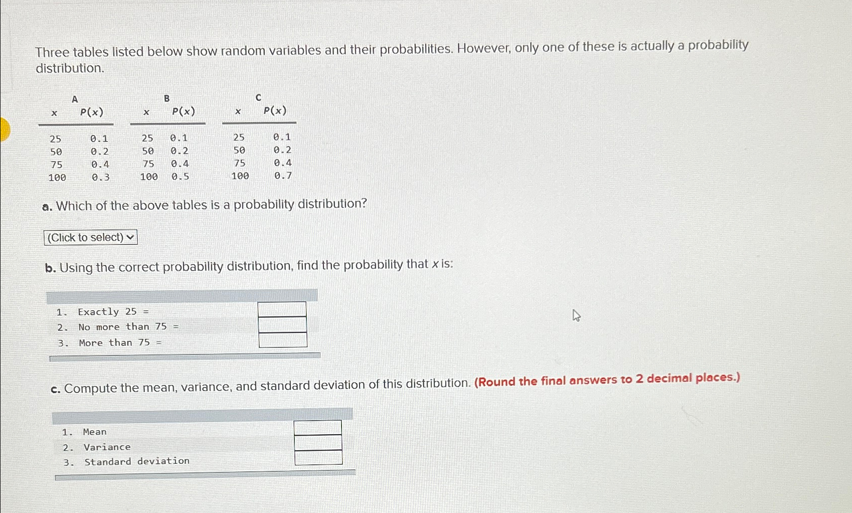 Three tables listed below show random variables and | Chegg.com