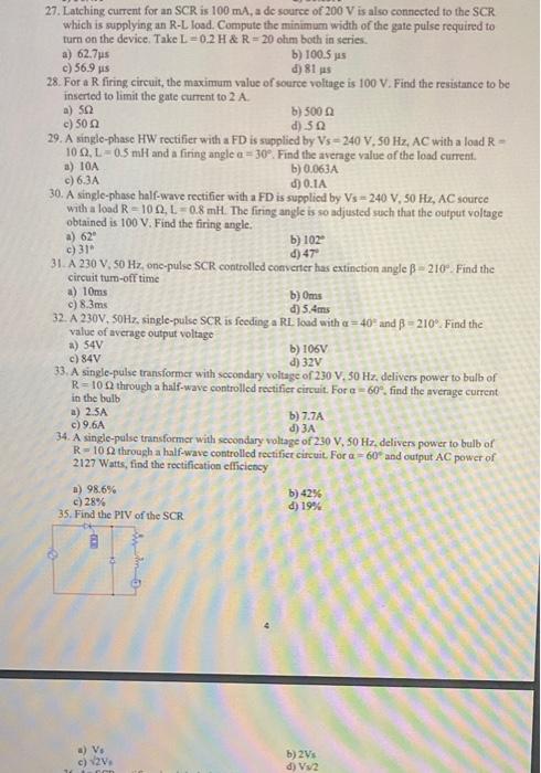 Solved 27. Latching current for an SCR is 100 mA, a de | Chegg.com