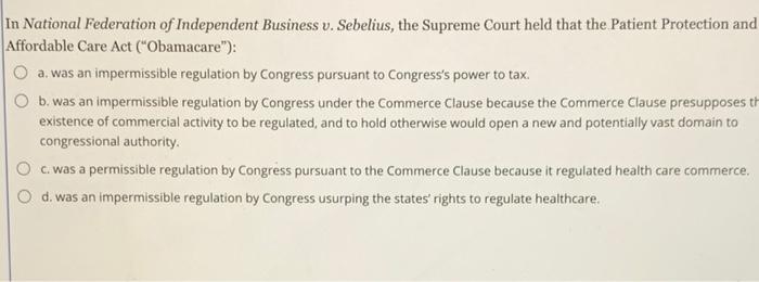 Solved In National Federation of Independent Business v. | Chegg.com