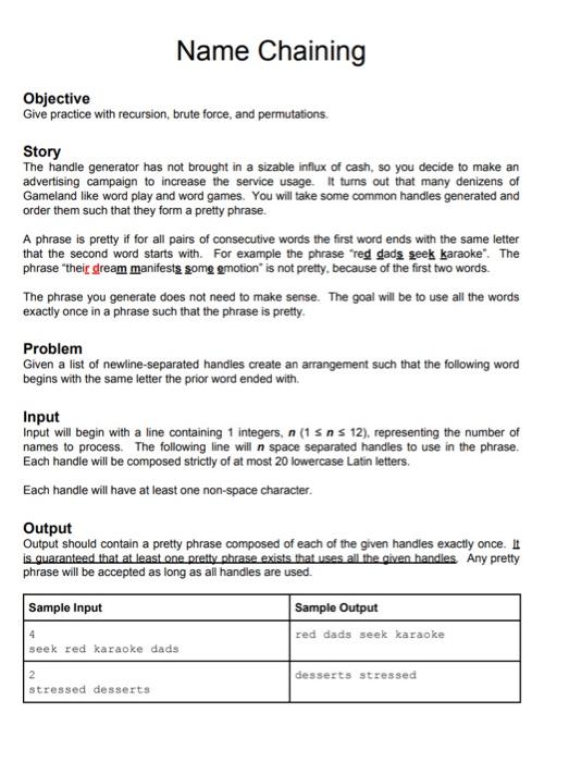 Solved Name Chaining Objective Give practice with recursion, | Chegg.com