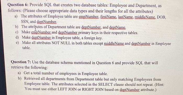 Solved Question 6: Provide SQL that creates two database | Chegg.com