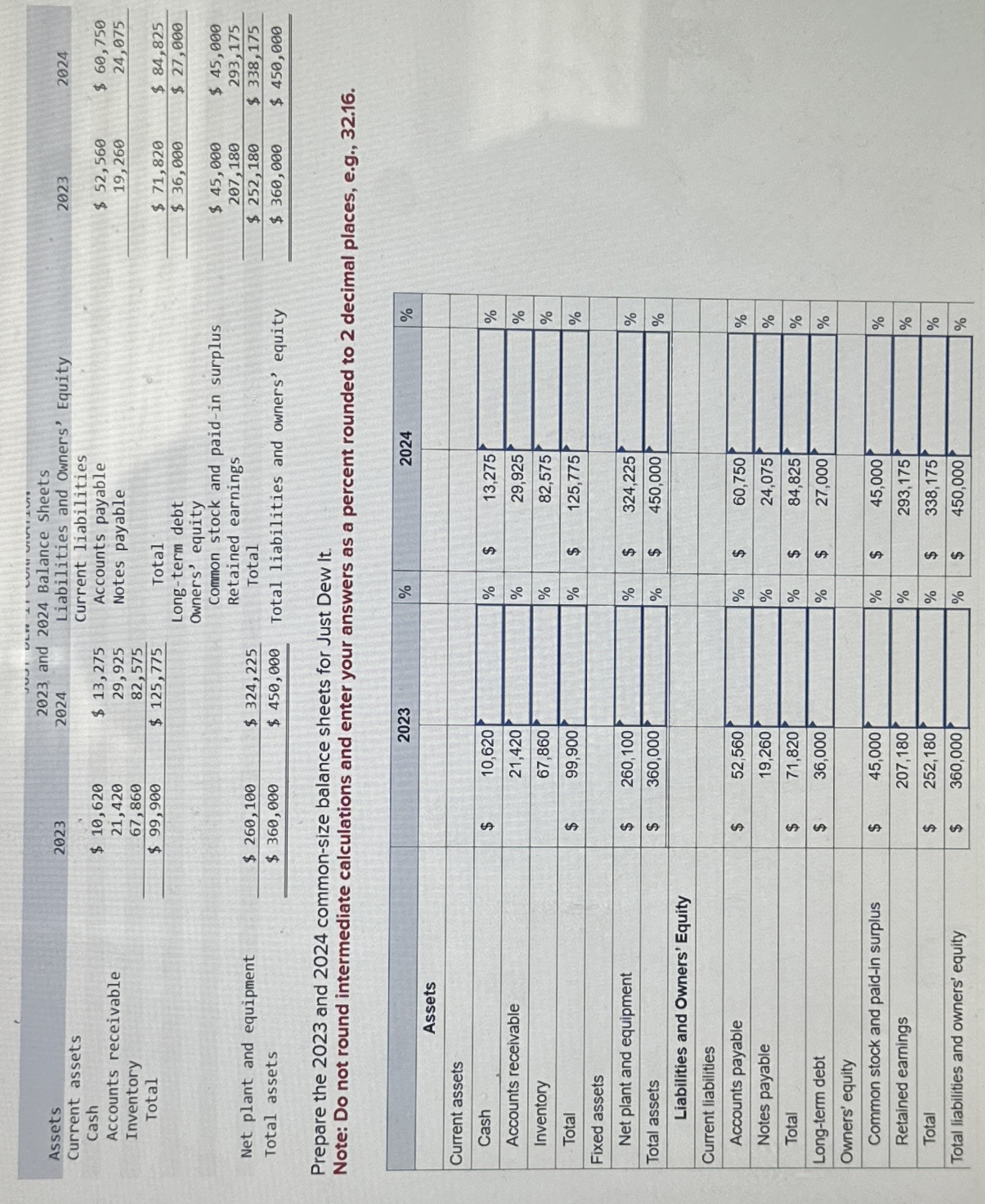 Solved Prepare the 2023 ﻿and 2024 ﻿common-size balance | Chegg.com