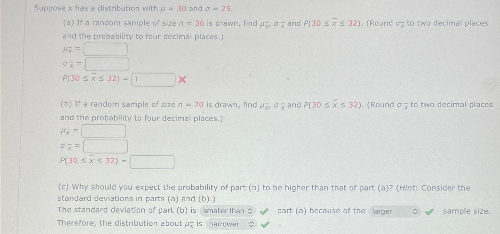 Solved Suppose x ﻿has a distribution with μ=30 ﻿and σ=25.(a) | Chegg.com