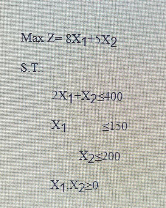 Solved Z=8X1+5X2 2X1+X2≤400 X1≤150 X2≤200What is worth per | Chegg.com