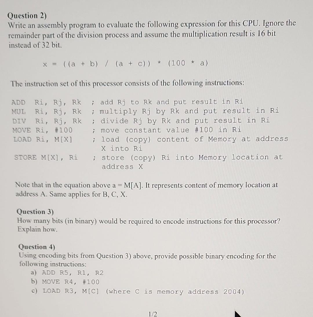 Solved Question 2) Write an assembly program to evaluate the | Chegg.com