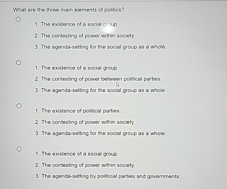 Solved What are the three main elements of politics? 1. | Chegg.com