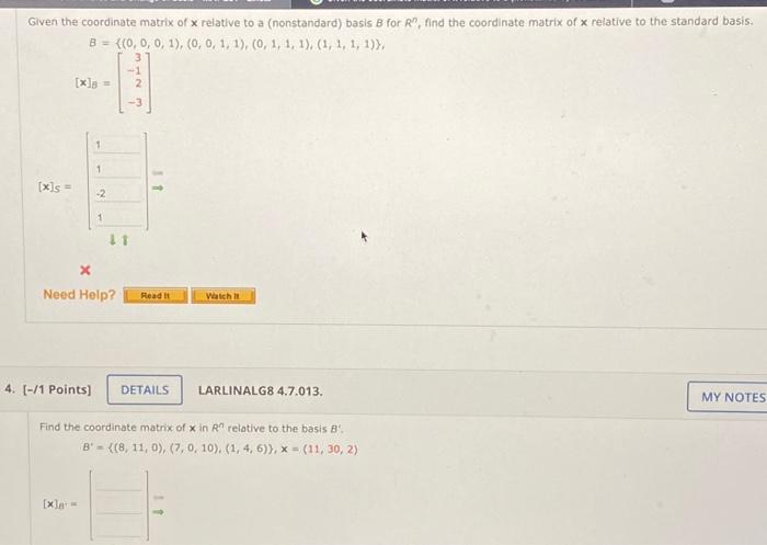 Solved Given the coordinate matrix of x relative to a | Chegg.com