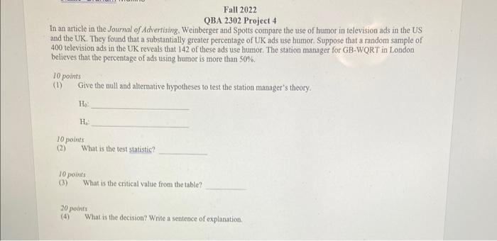 Solved QBA 2302 Project 4 In an article in the Jownal of | Chegg.com