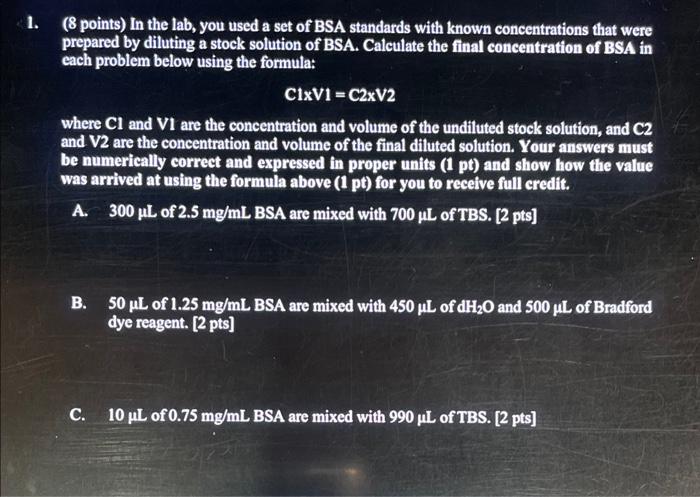 Solved (8 points) In the lab, you used a set of BSA | Chegg.com