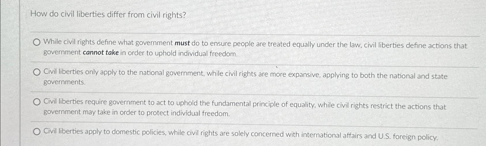 Solved How do civil liberties differ from civil rights?While | Chegg.com