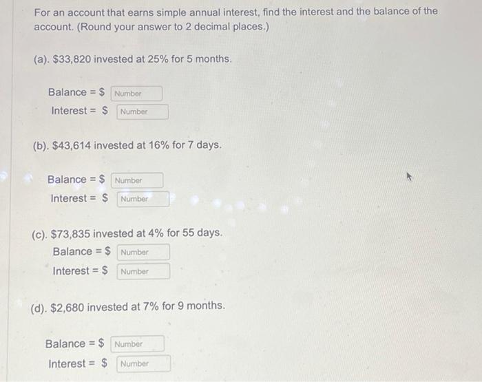 Solved For an account that earns simple annual interest, | Chegg.com