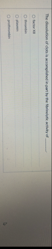 Solved The dissolution of clots is accomplished in part by | Chegg.com