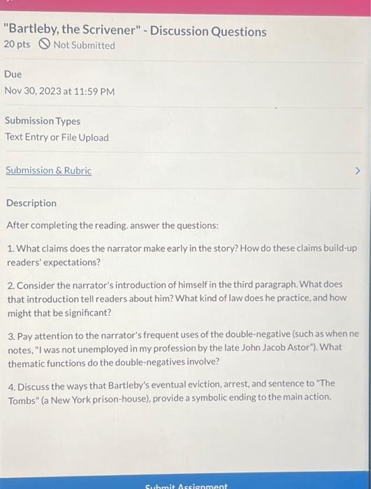 "Bartleby, the Scrivener" - Discussion Questions 20 | Chegg.com