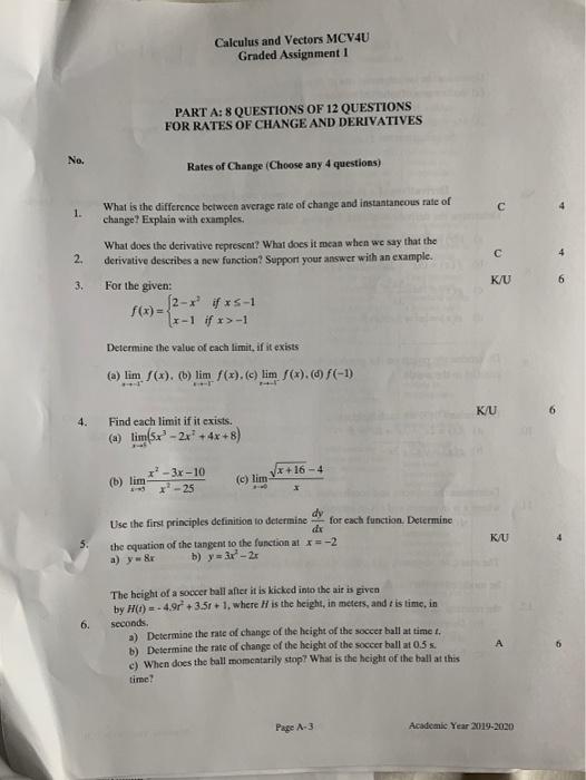 Solved Calculus and Vectors MCV4U Graded Assignment ! PART | Chegg.com
